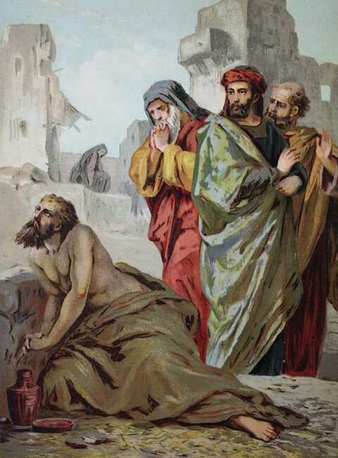 Jó lembra-se do seu primeiro estado feliz; Jó lamenta a miséria em que ...